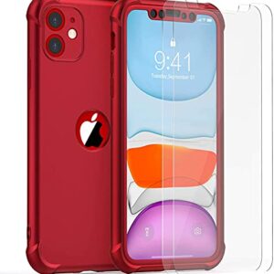 ORETECH Designed for iPhone 11 Case, with[2 x Tempered Glass Screen Protector] 360° Full Body Heavy Duty Shockproof Protection Cover Hard PC Soft Rubber Silicone for iPhone 11 (2019) - 6.1''- Red