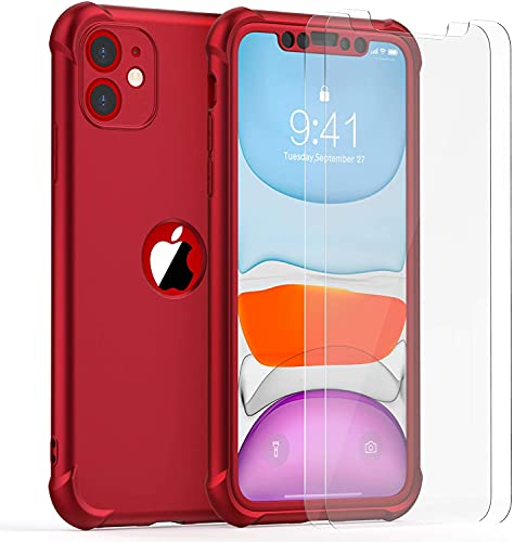 ORETECH Designed for iPhone 11 Case, with[2 x Tempered Glass Screen Protector] 360° Full Body Heavy Duty Shockproof Protection Cover Hard PC Soft Rubber Silicone for iPhone 11 (2019) - 6.1''- Red