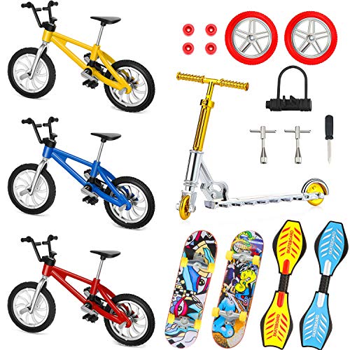 Sumind 18 Pieces Mini Finger Toys Set Includes Finger Skateboards, Finger Bikes, Mini Scooters and Matched Wheels and Tools Accessories Fingertip Movement Educational Toys for Kids Gifts Party Favors