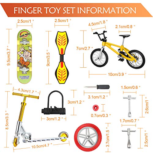 Sumind 18 Pieces Mini Finger Toys Set Includes Finger Skateboards, Finger Bikes, Mini Scooters and Matched Wheels and Tools Accessories Fingertip Movement Educational Toys for Kids Gifts Party Favors