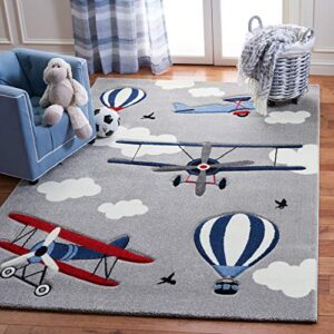 safavieh carousel kids collection 4' x 6' light grey/red crk137f airplane hot air balloon nursery playroom area rug