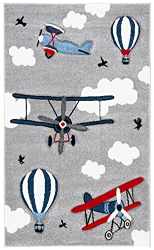 Safavieh Carousel Kids Collection 4' x 6' Light Grey/Red CRK137F Airplane Hot Air Balloon Nursery Playroom Area Rug