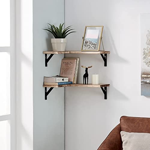 Halter Floating Corner Shelves Wall Mounted Storage for Home and Office Decor, Set of 2, Natural Wood