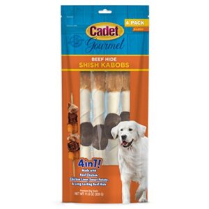 cadet gourmet x-large triple-flavored beef hide shish kabob dog treats - healthy & natural chicken, liver, and sweet potato dog treats for dogs over 30 lbs., 10 in. (4 count)