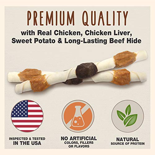 Cadet Gourmet X-Large Triple-Flavored Beef Hide Shish Kabob Dog Treats - Healthy & Natural Chicken, Liver, and Sweet Potato Dog Treats for Dogs Over 30 Lbs., 10 in. (4 Count)