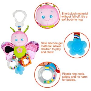 Funsland Baby Stroller Toy and Car Seat Toy for Infant with Teether Hanging Rattle Toys Clip on Stroller Toy Soft Plush Baby Toys for Boys and Girls 3-12 Months