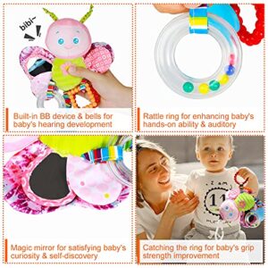 Funsland Baby Stroller Toy and Car Seat Toy for Infant with Teether Hanging Rattle Toys Clip on Stroller Toy Soft Plush Baby Toys for Boys and Girls 3-12 Months