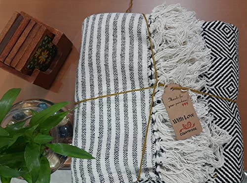 Countryside Cotton Throws with Fringes 460 GSM - Chevron Decorative Throw Blanket for Couch, Sofa, Bed, Everyday Use - Black and White (50" X 60")