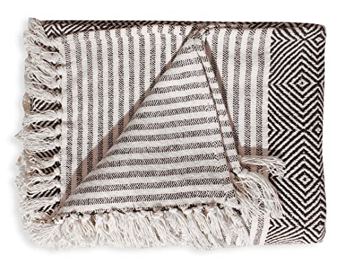 Countryside Cotton Throws with Fringes 460 GSM - Chevron Decorative Throw Blanket for Couch, Sofa, Bed, Everyday Use - Black and White (50" X 60")