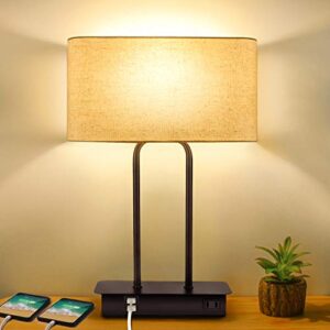 3-way dimmable touch control table lamp with 2 usb ports and ac power outlet modern bedside nightstand lamp with fabric shade and metal base for guestroom bedroom living room & hotel led bulb included