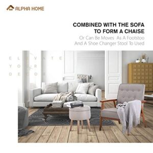 ALPHA HOME Round Storage Ottoman with Removable Lid Tufted Vanity Dressing Chair Line Fabric Shoe Change Footrest Stool Side Table Seat Tray Top Coffee Table with Solid Wooden Legs,Beige