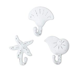 sea snail starfish shell shape cast iron nautical wall hooks set, 3-pack assorted rustic white seaside-themed wall mount coat hooks, beach coastal wall decor