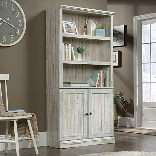 Sauder Misc Storage 3-Shelf 2-Door Tall Wood Bookcase in White Plank