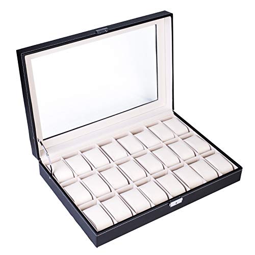 Watch Box 24 Slot Elegant Portable Black Watch Collection Box Case Organizer for Storage Display Holds Watches Jewelry for Men & Women