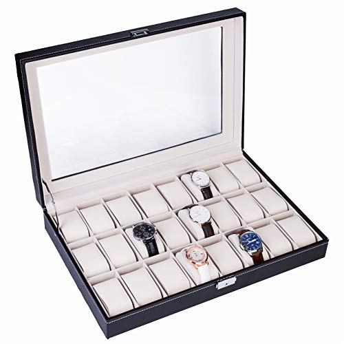 Watch Box 24 Slot Elegant Portable Black Watch Collection Box Case Organizer for Storage Display Holds Watches Jewelry for Men & Women