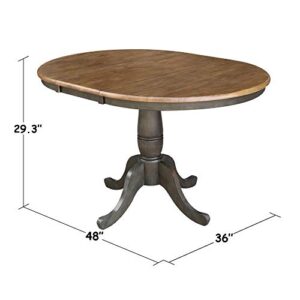 IC International Concepts 36" Round Top Pedestal 12" Leaf-29.3" H- Dining Height Dining Table, Dining Height, Hickory/Washed Coal