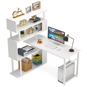 tribesigns rotating computer desk with 5 shelves bookshelf, modern l-shaped corner desk with storage, reversible office desk study table writing desk on wheels for home office (white)