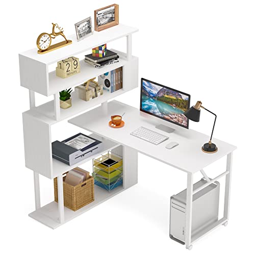 Tribesigns Rotating Computer Desk with 5 Shelves Bookshelf, Modern L-Shaped Corner Desk with Storage, Reversible Office Desk Study Table Writing Desk on Wheels for Home Office (White)