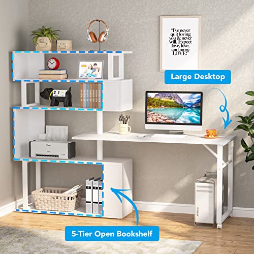 Tribesigns Rotating Computer Desk with 5 Shelves Bookshelf, Modern L-Shaped Corner Desk with Storage, Reversible Office Desk Study Table Writing Desk on Wheels for Home Office (White)