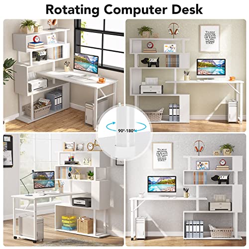 Tribesigns Rotating Computer Desk with 5 Shelves Bookshelf, Modern L-Shaped Corner Desk with Storage, Reversible Office Desk Study Table Writing Desk on Wheels for Home Office (White)