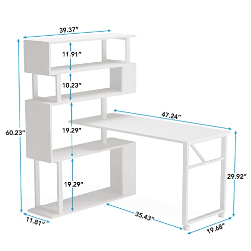 Tribesigns Rotating Computer Desk with 5 Shelves Bookshelf, Modern L-Shaped Corner Desk with Storage, Reversible Office Desk Study Table Writing Desk on Wheels for Home Office (White)