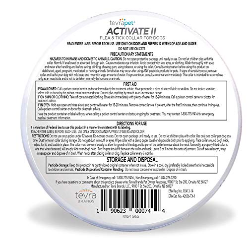 TevraPet Activate II Flea and Tick Collar for Dogs, 12 Months Prevention, 2 Count, One Size Fits All