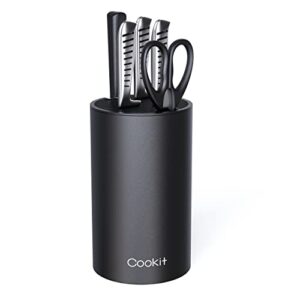 knife block holder, cookit universal knife block without knives, unique double-layer wavy design, round black knife holder for kitchen, space saver knife storage with scissors slot