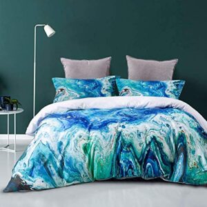 hyprest aqua blue duvet cover set queen size,3 pcs soft cooling aesthetic duvet cover with ties and zipper,ocean beach themed bedding duvet covers queen,oeko-tex certificated