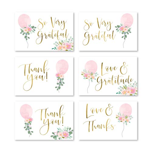 24 Pink Balloon Baby Shower Thank You Cards With Envelopes, Kids Thank-You Note, 4x6 Gratitude Card Gift For Guest Pack For Party, Birthday, For Girl Children, Cute Watercolor Blush Event Stationery