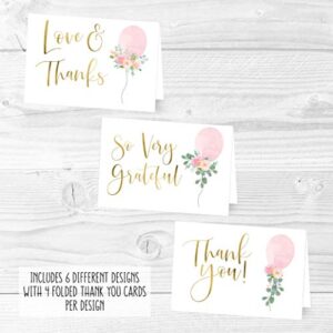 24 Pink Balloon Baby Shower Thank You Cards With Envelopes, Kids Thank-You Note, 4x6 Gratitude Card Gift For Guest Pack For Party, Birthday, For Girl Children, Cute Watercolor Blush Event Stationery