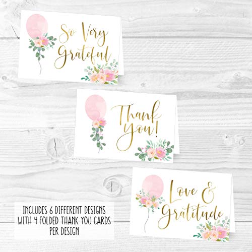 24 Pink Balloon Baby Shower Thank You Cards With Envelopes, Kids Thank-You Note, 4x6 Gratitude Card Gift For Guest Pack For Party, Birthday, For Girl Children, Cute Watercolor Blush Event Stationery