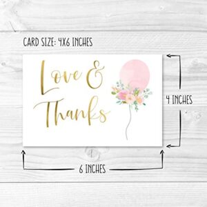 24 Pink Balloon Baby Shower Thank You Cards With Envelopes, Kids Thank-You Note, 4x6 Gratitude Card Gift For Guest Pack For Party, Birthday, For Girl Children, Cute Watercolor Blush Event Stationery