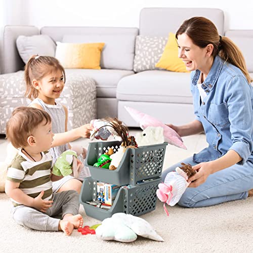 Titan Mall Stackable Storage Bins 4 Pack, Closet Organizer Plastic Bins for Fruit and Vegetable Basket for Pantry, Kitchen, Garage, Kids Room Toy Organizers and Storage Bins Gray (Made in America)