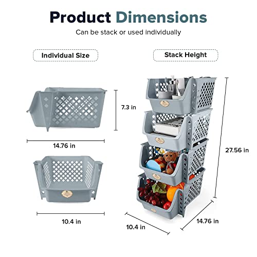 Titan Mall Stackable Storage Bins 4 Pack, Closet Organizer Plastic Bins for Fruit and Vegetable Basket for Pantry, Kitchen, Garage, Kids Room Toy Organizers and Storage Bins Gray (Made in America)