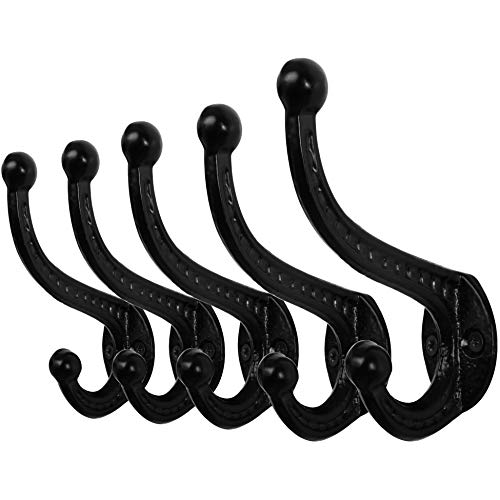 WEBI Rustic Coat Hooks:5 Cast Iron Hooks for Hanging,Heavy Duty Antique Vintage Wall Hooks for Towel,Robe,Farmhouse,Mudroom,Closet,Black