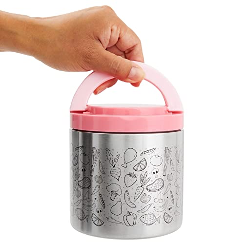 Juvale Insulated Food Container with Pink Handles and Cute Black Script Food Designs, Perfect for Hot and Cold Food, Soups, Stew, Fruit, Nuts, Leftovers, Lunch, Travel (22oz)