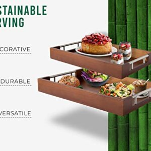 Set of 2 Modern Bamboo Serving Trays with Metal Handles – Bamboo Nesting Trays – Large, and Small Trays Set for Food, Ottoman Décor & More – Bamboo Trays for Breakfast - Brown