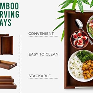 Set of 2 Modern Bamboo Serving Trays with Metal Handles – Bamboo Nesting Trays – Large, and Small Trays Set for Food, Ottoman Décor & More – Bamboo Trays for Breakfast - Brown