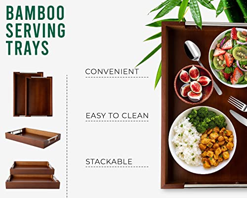 Set of 2 Modern Bamboo Serving Trays with Metal Handles – Bamboo Nesting Trays – Large, and Small Trays Set for Food, Ottoman Décor & More – Bamboo Trays for Breakfast - Brown