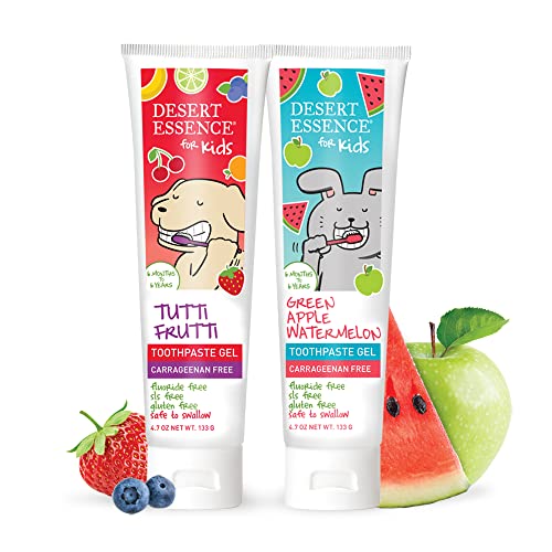 Desert Essence, Tutti Frutti Toothpaste Kids Gel, 4.7 oz. - Safe to Swallow, Fluoride Free, SLS Free, Gluten-Free, Vegan, Plant Powered Formula, Great Tasting, Removes Plaque and Buildup