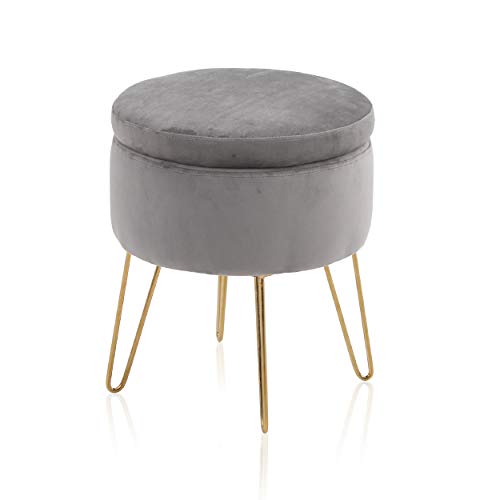 ALPHA HOME Round Storage Ottoman with Removable Lid Tufted Vanity Dressing Chair Velvet Fabric Shoe Change Footrest Stool Side Table Seat Tray Top Coffee Table with Golden Chromed Metal Legs,Grey