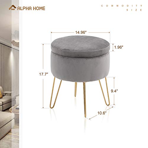 ALPHA HOME Round Storage Ottoman with Removable Lid Tufted Vanity Dressing Chair Velvet Fabric Shoe Change Footrest Stool Side Table Seat Tray Top Coffee Table with Golden Chromed Metal Legs,Grey