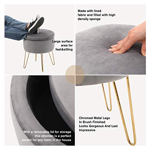 ALPHA HOME Round Storage Ottoman with Removable Lid Tufted Vanity Dressing Chair Velvet Fabric Shoe Change Footrest Stool Side Table Seat Tray Top Coffee Table with Golden Chromed Metal Legs,Grey