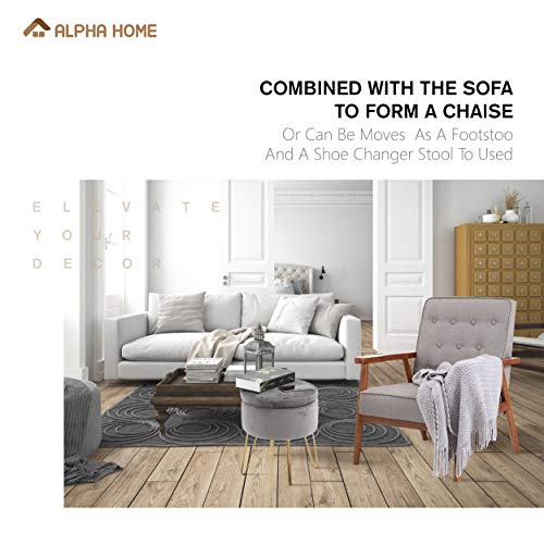 ALPHA HOME Round Storage Ottoman with Removable Lid Tufted Vanity Dressing Chair Velvet Fabric Shoe Change Footrest Stool Side Table Seat Tray Top Coffee Table with Golden Chromed Metal Legs,Grey