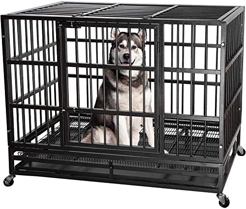 ITORI 48 inch XXL Heavy Duty Indestructible Dog Crate, Dog Cage Kennel Crate and Playpen for Training Large Dog Indoor Outdoor with Double Doors & Locks Design Included Lockable Wheels Removable Tray