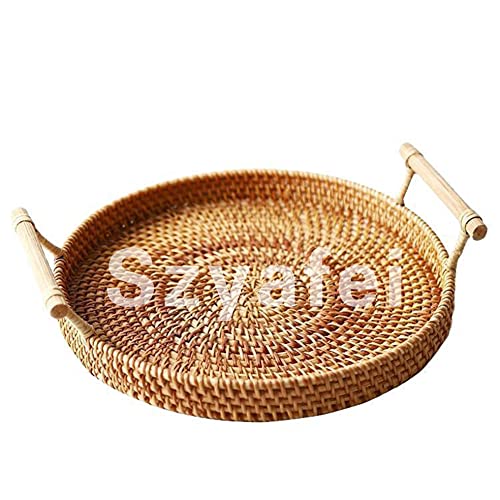 Hand-Made Round Rattan Tray with Handle, Food Basket, Basket, Perfect for displaying Bread, Coffee Breakfast or Fruit 11x11xo.39in