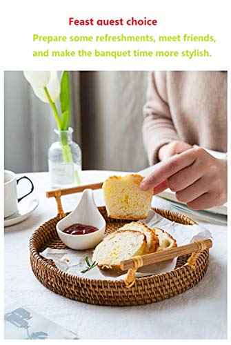 Hand-Made Round Rattan Tray with Handle, Food Basket, Basket, Perfect for displaying Bread, Coffee Breakfast or Fruit 11x11xo.39in