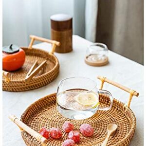 Hand-Made Round Rattan Tray with Handle, Food Basket, Basket, Perfect for displaying Bread, Coffee Breakfast or Fruit 11x11xo.39in