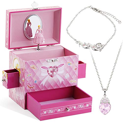 RR ROUND RICH DESIGN Kids Musical Jewelry Box for Girls with 3 Drawers and Jewelry Set with Cute Princess Theme - Beautiful Dreamer Tune Pink