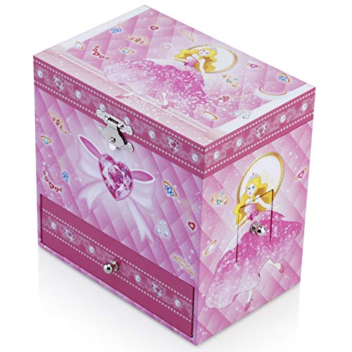 RR ROUND RICH DESIGN Kids Musical Jewelry Box for Girls with 3 Drawers and Jewelry Set with Cute Princess Theme - Beautiful Dreamer Tune Pink